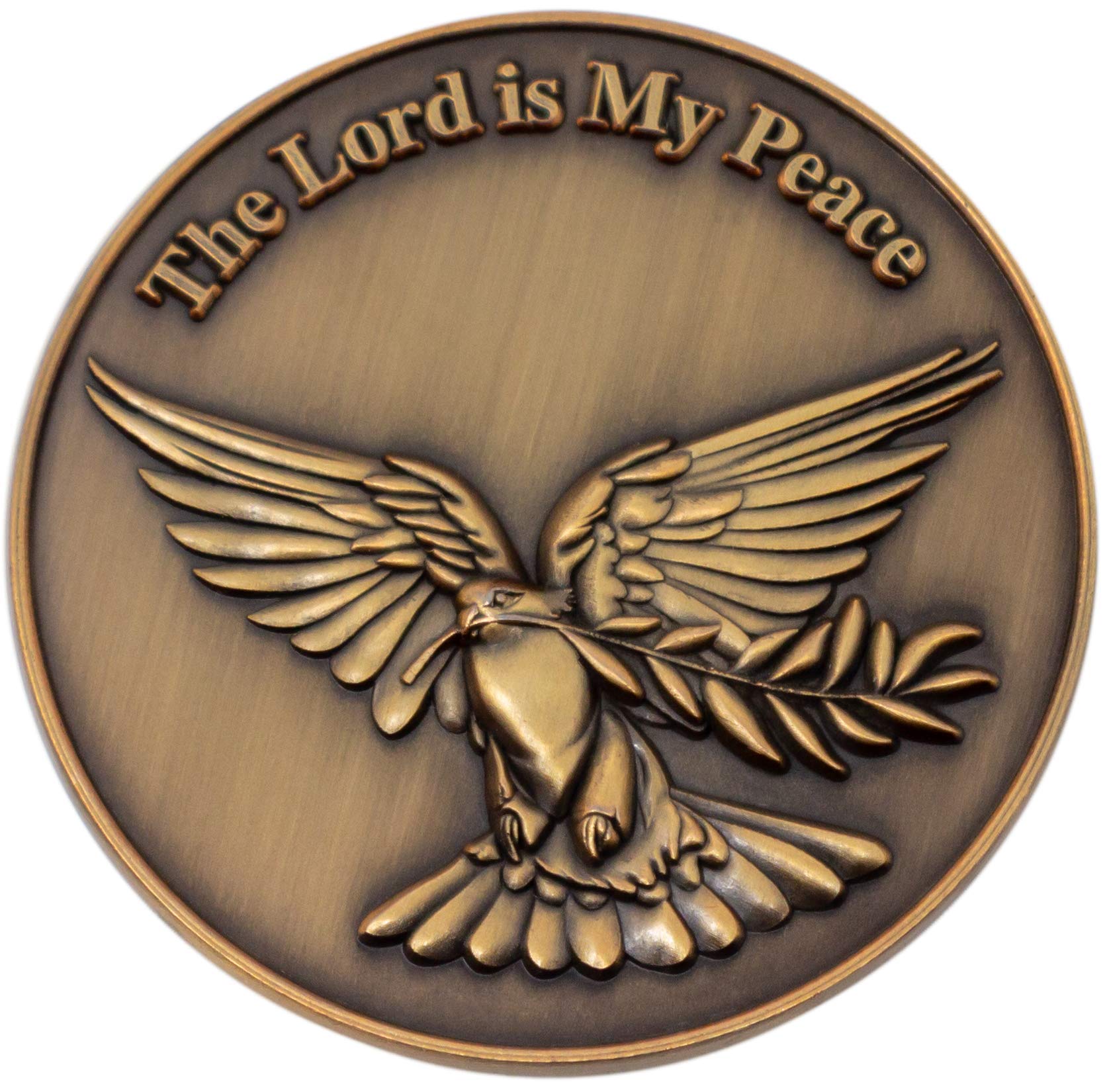 The Lord is My Peace, Dove and Olive Branch Pocket Token of Serenity, Christian Challenge Coins, My Peace I Give to You, Antique Gold-Color Plated John 14:27 Religious Gift