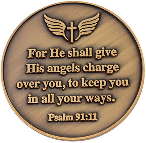 Guardian Angel Christian Challenge Coin, Pass Along Token of Assurance and Peace, Handout for Sunday School or Kids Church, Antique Gold-Color Plated Psalm 91 Gift