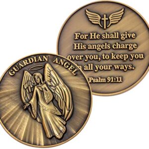 Guardian Angel Christian Challenge Coin, Pass Along Token of Assurance and Peace, Handout for Sunday School or Kids Church, Antique Gold-Color Plated Psalm 91 Gift