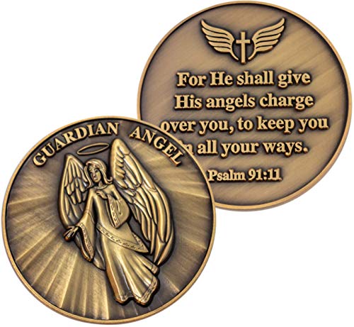 Guardian Angel Christian Challenge Coin, Pass Along Token of Assurance and Peace, Handout for Sunday School or Kids Church, Antique Gold-Color Plated Psalm 91 Gift