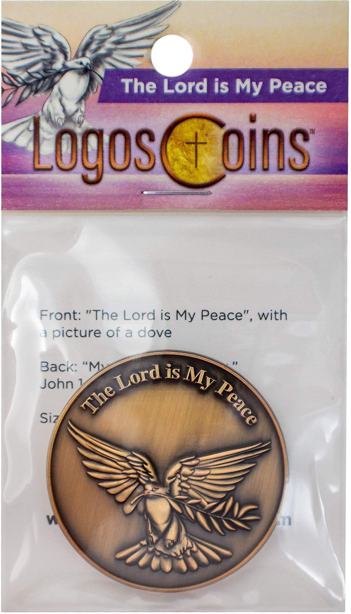 The Lord is My Peace, Dove and Olive Branch Pocket Token of Serenity, Christian Challenge Coins, My Peace I Give to You, Antique Gold-Color Plated John 14:27 Religious Gift