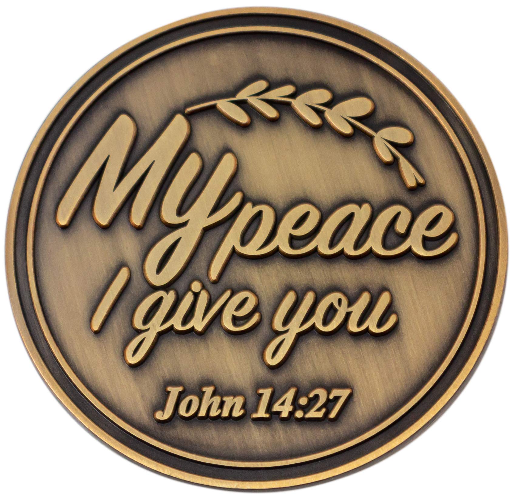 The Lord is My Peace, Dove and Olive Branch Pocket Token of Serenity, Christian Challenge Coins, My Peace I Give to You, Antique Gold-Color Plated John 14:27 Religious Gift