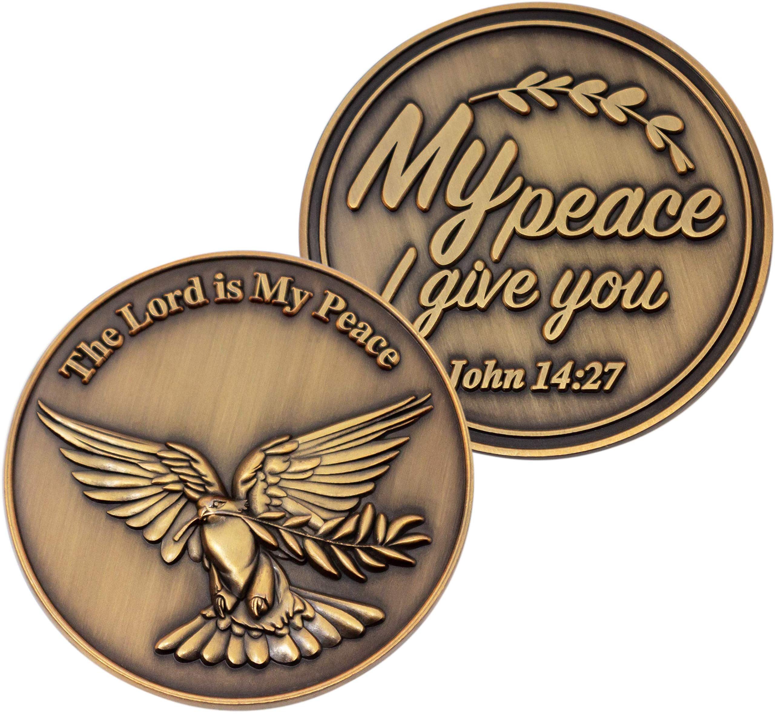 The Lord is My Peace, Dove and Olive Branch Pocket Token of Serenity, Christian Challenge Coins, My Peace I Give to You, Antique Gold-Color Plated John 14:27 Religious Gift