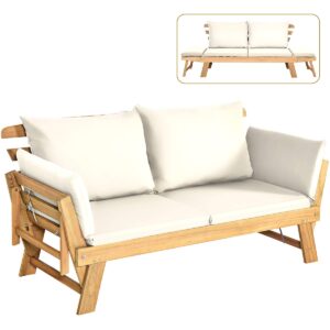 Tangkula Acacia Wood Patio Convertible Couch Sofa Bed with Adjustable Armrest, Outdoor Daybed with Cushion & Pillow, Folding Chaise Lounge Bench Ideal for Porch Courtyard Poolside (White)