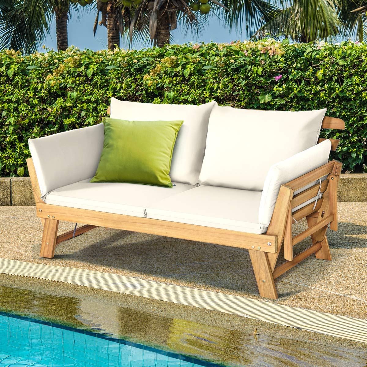 Tangkula Acacia Wood Patio Convertible Couch Sofa Bed with Adjustable Armrest, Outdoor Daybed with Cushion & Pillow, Folding Chaise Lounge Bench Ideal for Porch Courtyard Poolside (White)