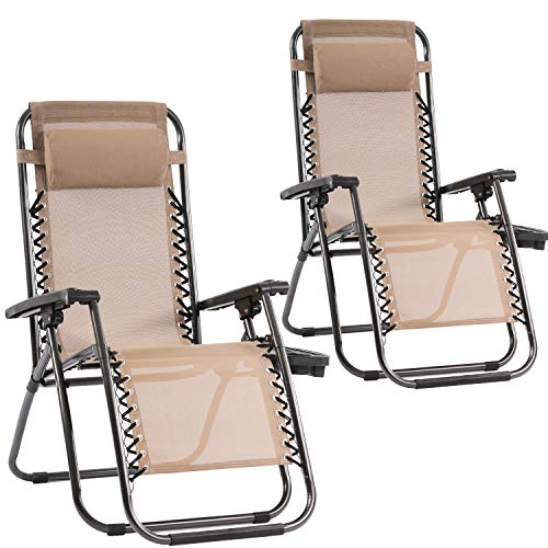 FDW Set of 2 Zero Gravity Chairs Lounge Chair with Pillow and Cup Holder Patio Outdoor Adjustable Dining Reclining Folding Chairs for Deck Patio Beach Yard