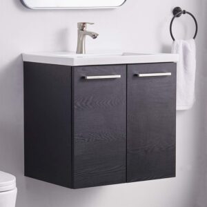 loclgpm modern 24” black wood grain wall-mounted floating small bathroom vanity, simple design 2-door bathroom sink cabinet vanities combo set with white ceramic countertop vessel sink