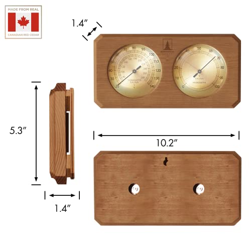 NORTHWOOD Sauna Thermometer & Hygrometer 2 in 1 - Handmade from Canadian Red Cedar Wood - Luxurious Glass and Golden Metal Dials