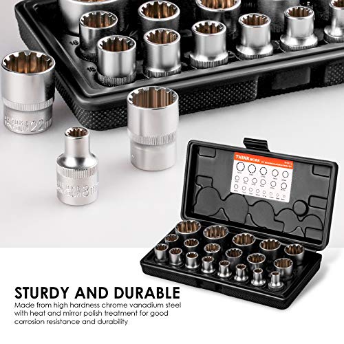 THINKWORK 1/2 Inch Drive Universal Spline Socket Set, Works with SAE, Metric, Partially Rounded, 6 pt, 12 pt, Square and E-TORX, Cr-V steel