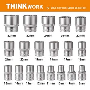 THINKWORK 1/2 Inch Drive Universal Spline Socket Set, Works with SAE, Metric, Partially Rounded, 6 pt, 12 pt, Square and E-TORX, Cr-V steel