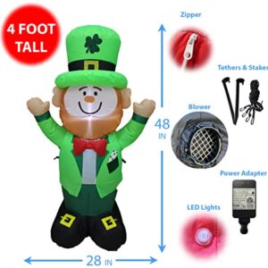 4 Foot Tall Saint Patrick's Day Inflatable Leprechaun with Green Shamrock Hat Pre-Lit LED Lights Cute Lucky Outdoor Indoor Holiday Blow up Lighted Yard Decoration