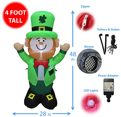 4 Foot Tall Saint Patrick's Day Inflatable Leprechaun with Green Shamrock Hat Pre-Lit LED Lights Cute Lucky Outdoor Indoor Holiday Blow up Lighted Yard Decoration