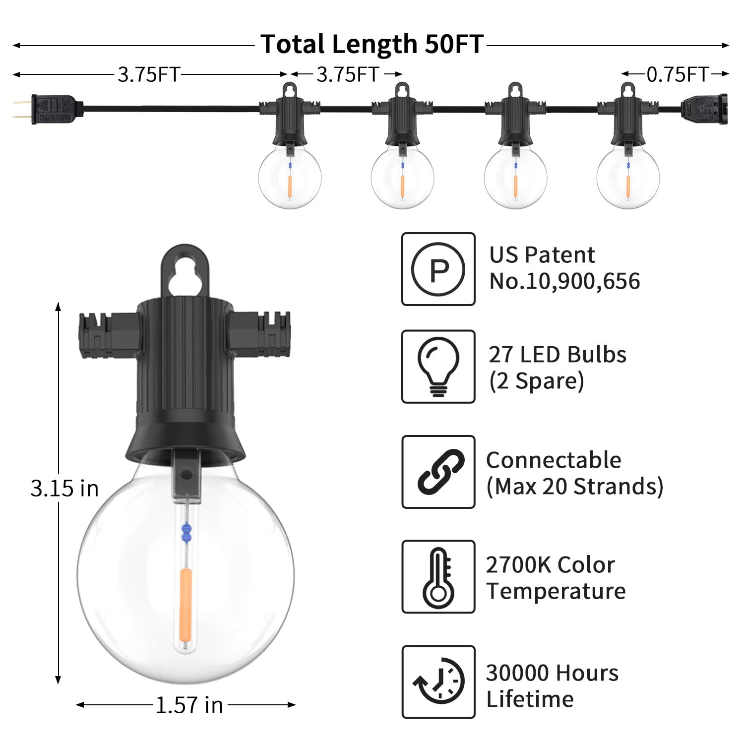 ZOTOYI Outdoor String Lights 50FT, LED Patio Lights with 27 Plastic G40 Bulbs(2 Spare), Waterproof IP65 Edison Globe String Lights for Outside, Cafe, Bistro, Backyard, Garden, Dimmable 2700K