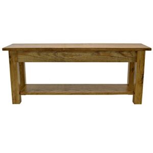 golden oak farmhouse bench with shelf