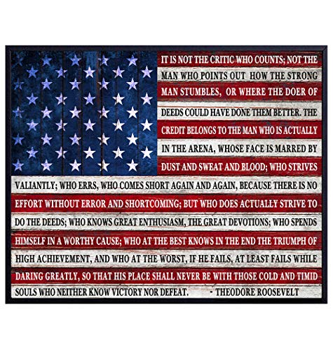 Teddy Roosevelt Man in the Arena Quote Poster Print - 8x10 Daring Greatly Wall Art Room Decor - Unique Inspirational Motivational Gift - Patriotic American Flag Plaque - Unframed