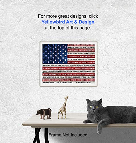 Teddy Roosevelt Man in the Arena Quote Poster Print - 8x10 Daring Greatly Wall Art Room Decor - Unique Inspirational Motivational Gift - Patriotic American Flag Plaque - Unframed