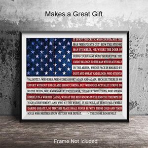 Teddy Roosevelt Man in the Arena Quote Poster Print - 8x10 Daring Greatly Wall Art Room Decor - Unique Inspirational Motivational Gift - Patriotic American Flag Plaque - Unframed