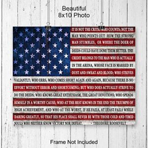 Teddy Roosevelt Man in the Arena Quote Poster Print - 8x10 Daring Greatly Wall Art Room Decor - Unique Inspirational Motivational Gift - Patriotic American Flag Plaque - Unframed