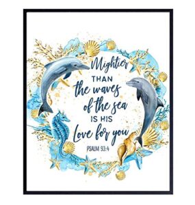 ocean dolphins bible verse religious wall art - inspirational quote christian scripture room decoration for bathroom, bedroom - nautical beach house poster - mightier than the waves blue wall decor