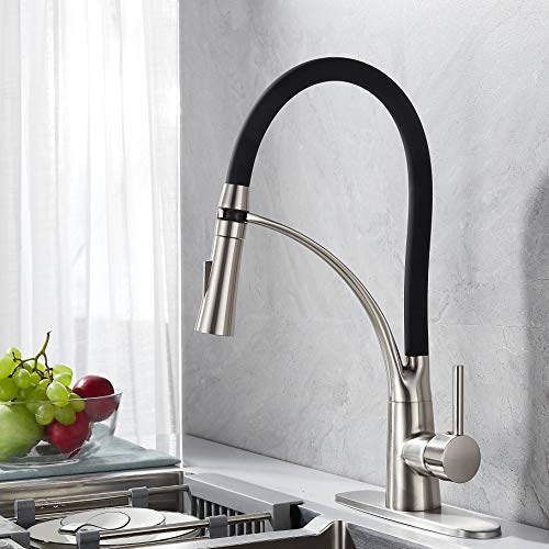 RODDEX Pullout Kitchen Faucet Solid Brass Single Handle Kitchen Sink Faucet with 360 Swivel Black Pull Down Sprayer, 3 Hole Deck Plate, Brushed Nickel