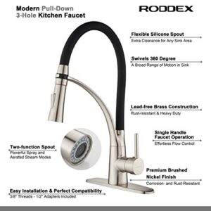 RODDEX Pullout Kitchen Faucet Solid Brass Single Handle Kitchen Sink Faucet with 360 Swivel Black Pull Down Sprayer, 3 Hole Deck Plate, Brushed Nickel