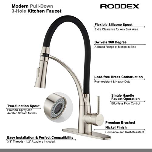 RODDEX Pullout Kitchen Faucet Solid Brass Single Handle Kitchen Sink Faucet with 360 Swivel Black Pull Down Sprayer, 3 Hole Deck Plate, Brushed Nickel