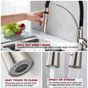 RODDEX Pullout Kitchen Faucet Solid Brass Single Handle Kitchen Sink Faucet with 360 Swivel Black Pull Down Sprayer, 3 Hole Deck Plate, Brushed Nickel