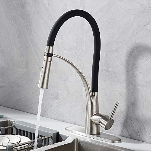 RODDEX Pullout Kitchen Faucet Solid Brass Single Handle Kitchen Sink Faucet with 360 Swivel Black Pull Down Sprayer, 3 Hole Deck Plate, Brushed Nickel