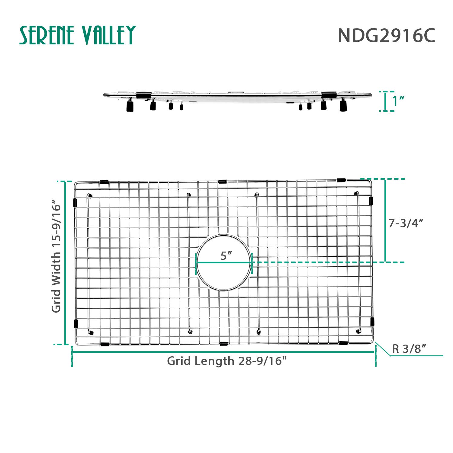 Serene Valley Sink Bottom Grid 28-9/16" X 15-9/16", Centered Drain with Corner Radius 3/8", Sink Protector NDG2916C