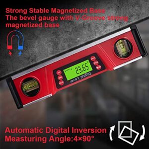 Digital Level and Protractor, 10 Inch IP54 Protected Electronic Bubble Inclinometer Angle Finder Gauge with Large LED Backlight Display & Magnetized V-Groove Base Carrying Bag Included