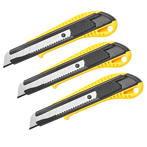 DOWELL Box Cutter Utility Knife Retractable Snap Off Blades Hobby Knife 3 Pack for Cutting Cardboard Boxes Leather (Yellow)