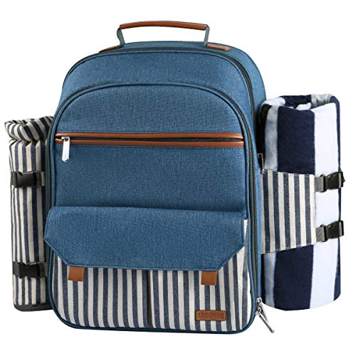 Sunflora Picnic Backpack for 4 Person with Blanket Picnic Basket Set for 2 with Insulated Cooler Wine Pouch for Family Couples (Blue & Stripe)