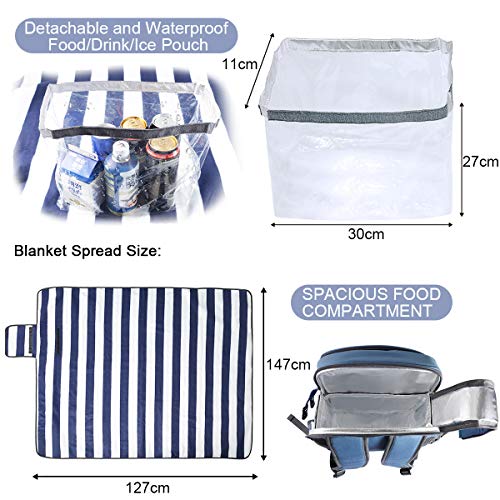 Sunflora Picnic Backpack for 4 Person with Blanket Picnic Basket Set for 2 with Insulated Cooler Wine Pouch for Family Couples (Blue & Stripe)