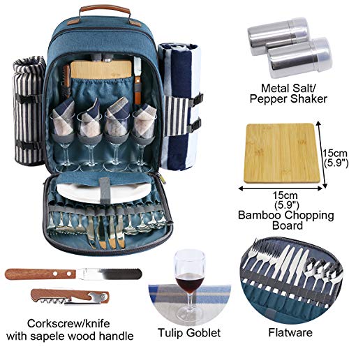 Sunflora Picnic Backpack for 4 Person with Blanket Picnic Basket Set for 2 with Insulated Cooler Wine Pouch for Family Couples (Blue & Stripe)