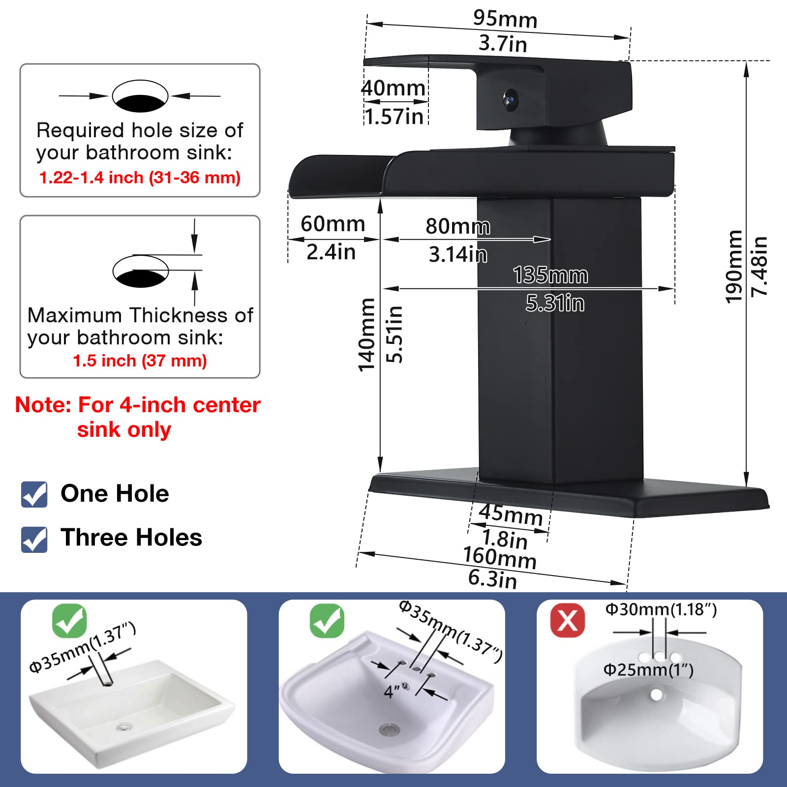 Solepearl Matte Black Waterfall Bathroom Faucet, Solid Brass, 4 Inch, Single Handle, 1 or 3 Hole, Elegant Matte Black Finish, Wide Mouth Spout, Easy Installation, Great Service