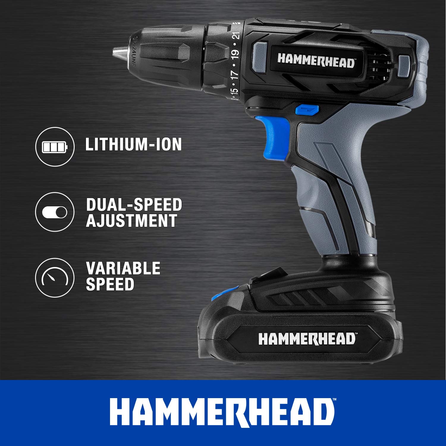 Hammerhead 20V 2-Speed Cordless Drill Driver Kit with 1.5Ah Battery and Charger - HCDD201