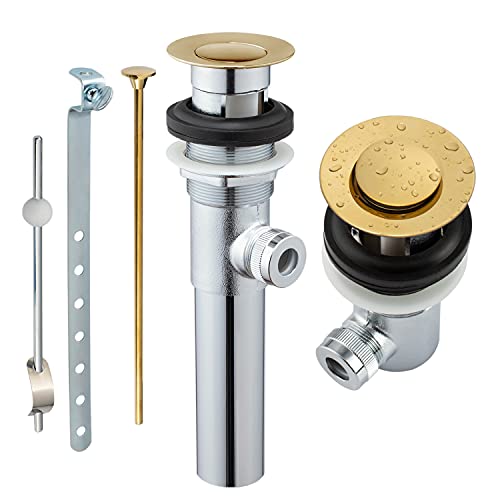 Artiwell Sink Pop-Up Drain Stopper Assembly with Lift Rod and Overflow, Solid Brass Lavatory Pop Up Drain Assembly for Bathroom Vanity Sink, All Brass Construction (Polished Brass)