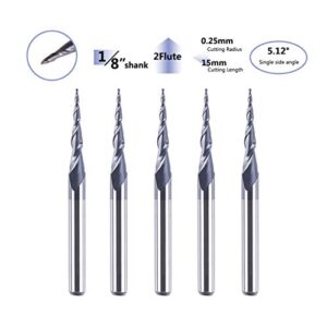 SpeTool 5Pcs Tapered Ball Nose Carving End Mill 1/8 inch Shank 0.25MM Radius (0.5MM Diameter) Tips 3D Woodworking Tool CNC Router Bits