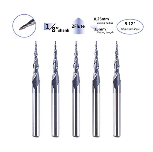 SpeTool 5Pcs Tapered Ball Nose Carving End Mill 1/8 inch Shank 0.25MM Radius (0.5MM Diameter) Tips 3D Woodworking Tool CNC Router Bits