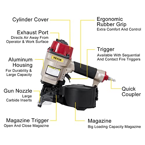 VEVOR Coil Siding Nailer CN55, 1 inch to 2-1/4-inch 15 Degree Pneumatic Siding Nail Gun for Siding Sheathing Wooding Fencing Decking