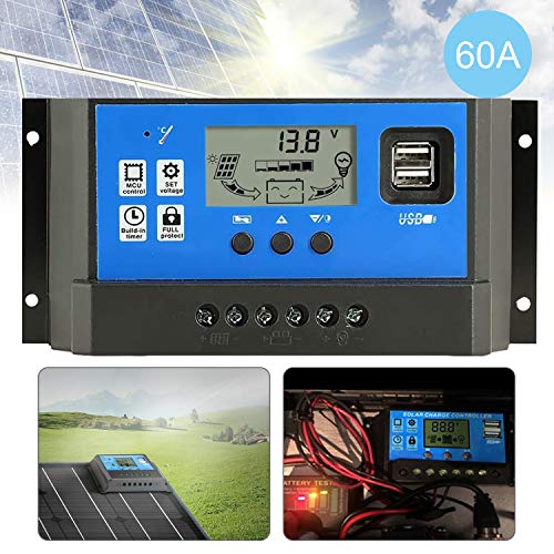 Phoenician Energy 60A Solar Charge Controller 12V/24V Auto, Solar Panel Charge Controller 60Amp Solar Regulator with Dual USB LCD, Backlight LCD Display, Timer Setting ON/Off, and Thermometer (60A)