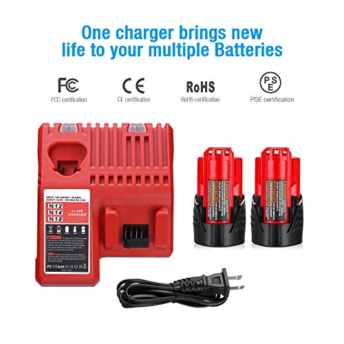 Powerextra 2 Pack 3.0Ah M-12 Replacement Lithium 12V M-12 Battery and M-18 + M-12 Battery Charger kit, Compatible with Milwaukee M-12 Battery and M-18 Battery