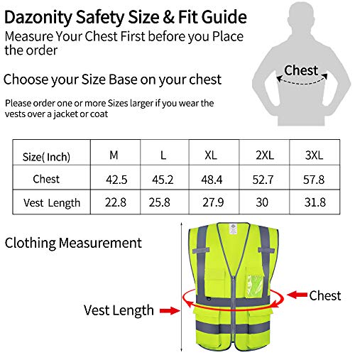 Dazonity High Visibility Safety Vest with Multi Pockets and Zipper, 2XL,Reflective Strips, Fit for Men & Women, Work, Construction,Cycling, Runnning, Surveyor, Volunteer (Black-2XL)