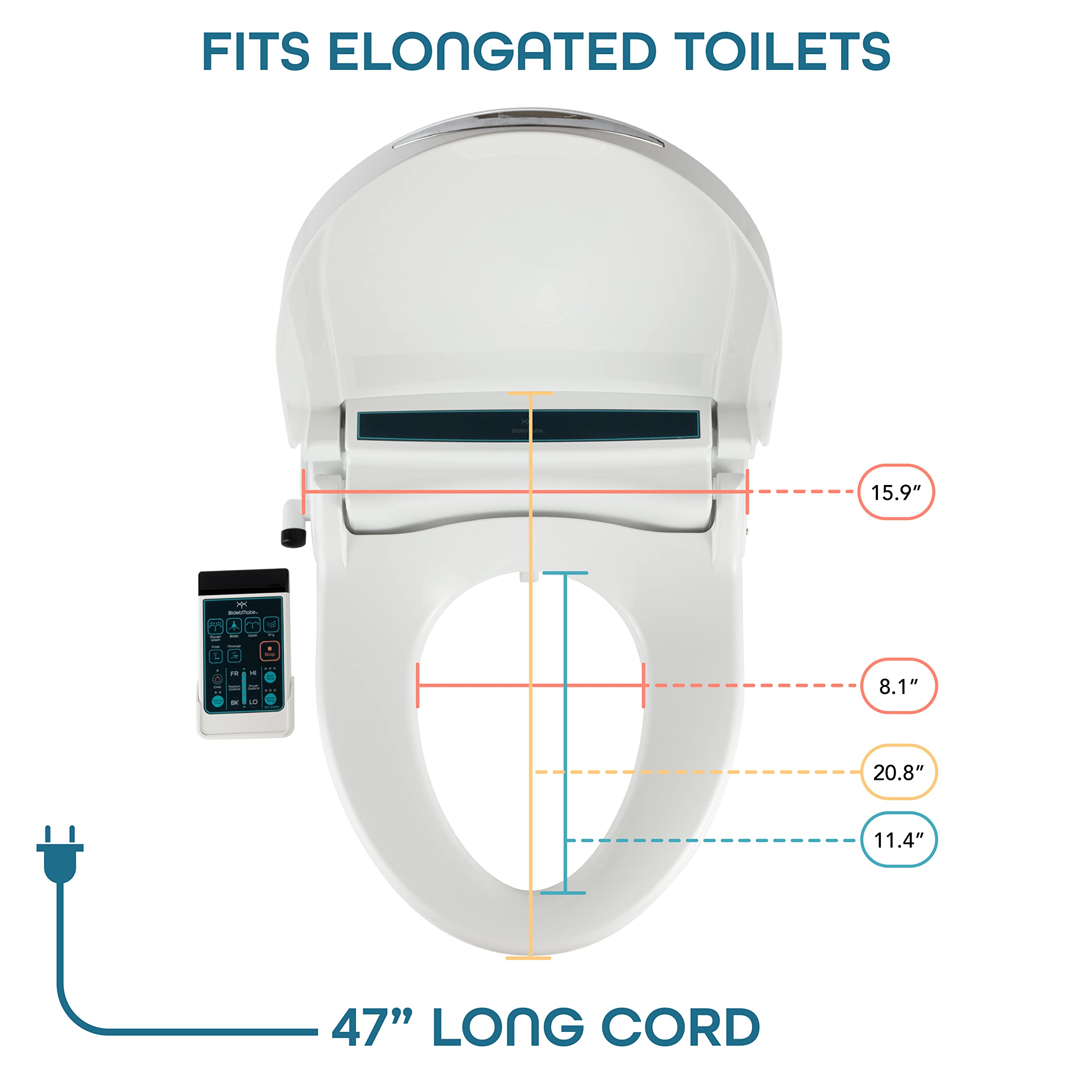 BidetMate 2000 Series Electric Bidet Heated Smart Toilet Seat with Unlimited Heated Water, Side Control Panel, Deodorizer, and Warm Air Dryer - Adjustable and Self-Cleaning - Fits Elongated Toilets