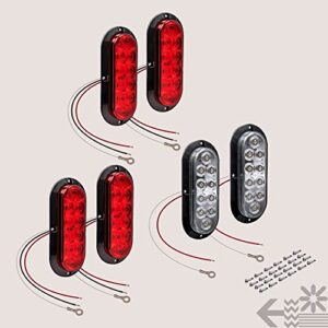 TRUE MODS 4 Red + 2 White 6 inch Oval LED Trailer Tail Light Kit [Surface-Mount] [DOT FMVSS 108 & SAE] [IP67 Waterproof] Stop Brake Turn Reverse Back Up Trailer Lights for RV Truck