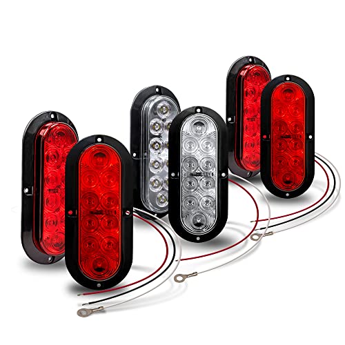 TRUE MODS 4 Red + 2 White 6 inch Oval LED Trailer Tail Light Kit [Surface-Mount] [DOT FMVSS 108 & SAE] [IP67 Waterproof] Stop Brake Turn Reverse Back Up Trailer Lights for RV Truck