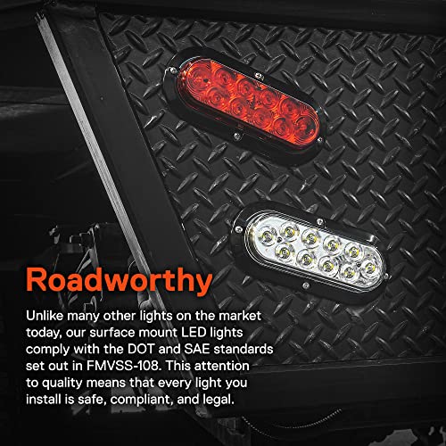 TRUE MODS 4 Red + 2 White 6 inch Oval LED Trailer Tail Light Kit [Surface-Mount] [DOT FMVSS 108 & SAE] [IP67 Waterproof] Stop Brake Turn Reverse Back Up Trailer Lights for RV Truck