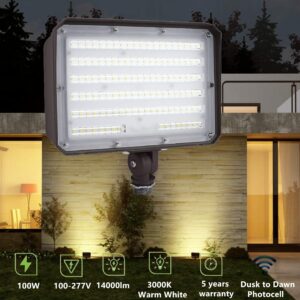 Dusk to Dawn Outdoor 100W LED Flood Light with Knuckle, 14000LM 1000W Equivalent, 100-277V 5000K Daylight, ETL Commercial LED Flood Light Fixture, Outdoor Security Lighting for Landscape,Parking Lot