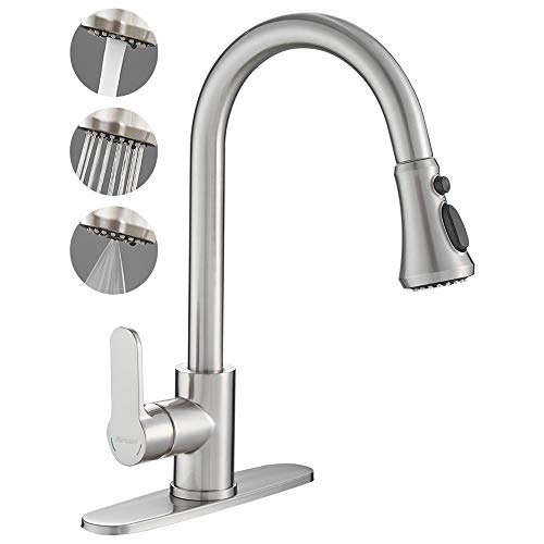 BURUWO Brass Kitchen Faucet with 3 Modes Sprayer, Single Handle 1 or 3 Hole Modern Kitchen Faucet Brushed Nickel, Pull Down Kitchen Sink Faucet for Farmhouse rv Bar Laundry