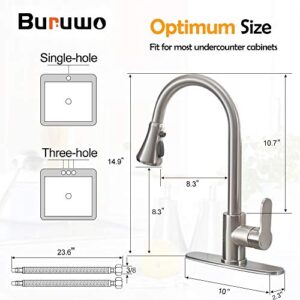 BURUWO Brass Kitchen Faucet with 3 Modes Sprayer, Single Handle 1 or 3 Hole Modern Kitchen Faucet Brushed Nickel, Pull Down Kitchen Sink Faucet for Farmhouse rv Bar Laundry